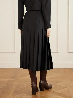 Chloé Pleated Leather-trimmed Grain De Poudre Wool Midi Skirt