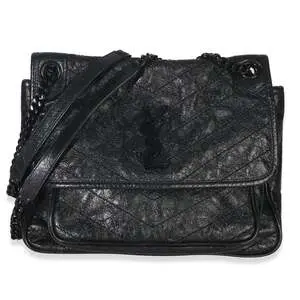 Saint Laurent Crinkled Calfskin Matelasse Niki Chain Satchel - Black