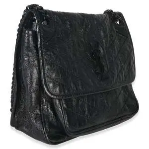 Saint Laurent Crinkled Calfskin Matelasse Niki Chain Satchel - Black