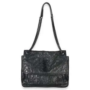Saint Laurent Crinkled Calfskin Matelasse Niki Chain Satchel - Black