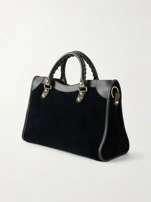Balenciaga Le City Studded Leather-trimmed Suede Shoulder Bag - Black