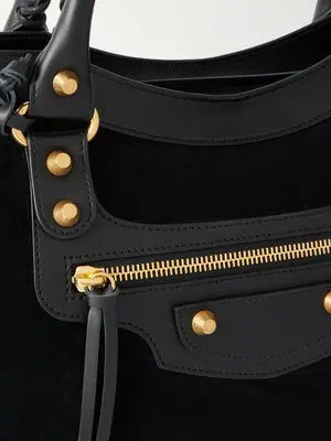 Balenciaga Le City Studded Leather-trimmed Suede Shoulder Bag - Black