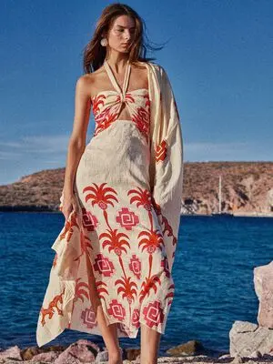 Johanna Ortiz Water Adventure Linen Halter Dress - Orange