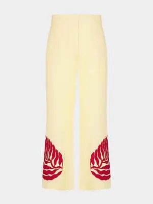 PAULA Linen Flared Pants With Embroidered Patches - Multicolour
