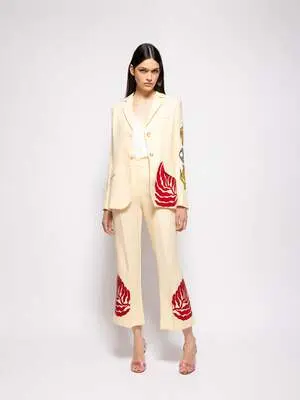 PAULA Linen Flared Pants With Embroidered Patches - Multicolour