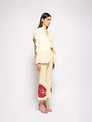 PAULA Linen Flared Pants With Embroidered Patches - Multicolour