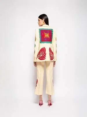 PAULA Linen Flared Pants With Embroidered Patches - Multicolour