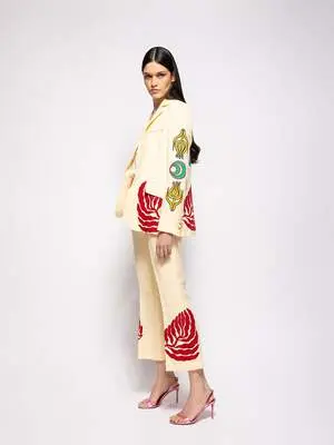 PAULA Linen Flared Pants With Embroidered Patches - Multicolour