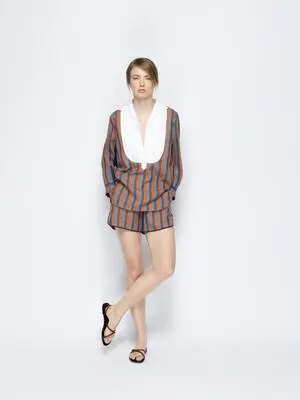 PAULA Bella Blue Stripes Embroidered Linen Shirt With Bib - Multicolour