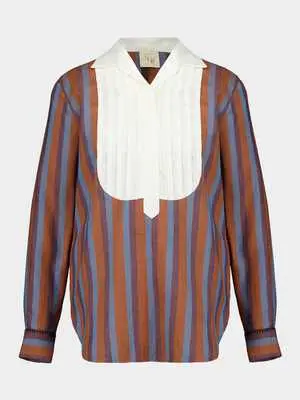 PAULA Bella Blue Stripes Embroidered Linen Shirt With Bib - Multicolour