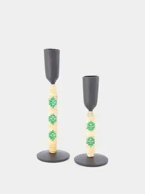 Madam Stoltz Set Of Two Iron Candle Holders - Green