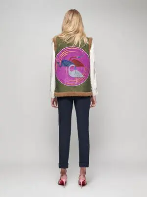 PAULA Name Odoria Shearling Vest With Embroidery - Green