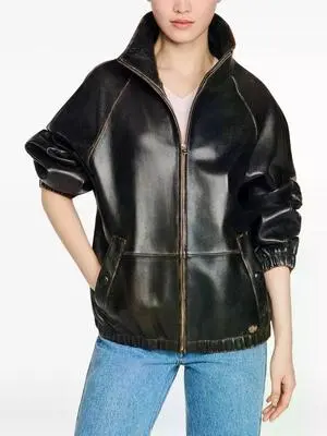 Sandro Distressed Leather Bomber Jacket