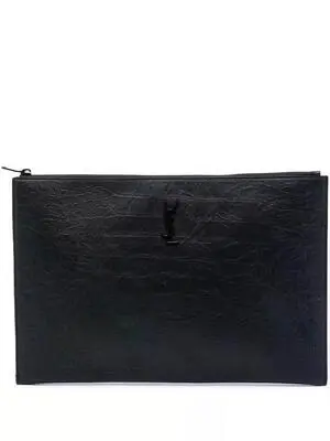 Saint Laurent 2017 Croc Embossed Leather Monogram Clutch - Black