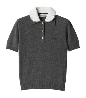 Miu Miu Cashmere Polo Sweater With Detachable Embroidered Collar - Grey