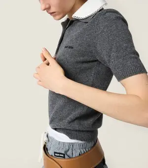Miu Miu Cashmere Polo Sweater With Detachable Embroidered Collar - Grey