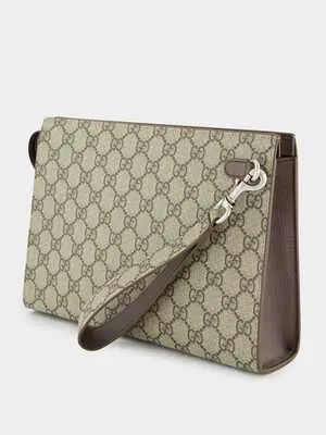 Gucci Gg Supreme Pouch With Leather Trim - Beige