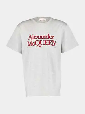 Alexander McQueen Logo Print Pale Grey Cotton T-shirt - White