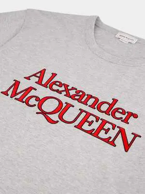 Alexander McQueen Logo Print Pale Grey Cotton T-shirt - White