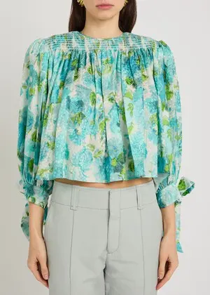 Chloé Printed Cropped Silk Blouse - Blue