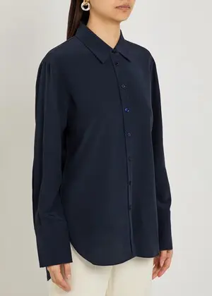 JOSEPH Silk-crepe Shirt With Wide Box Pleat And Curved Hem - Navy