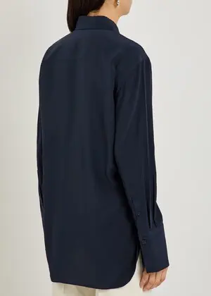 JOSEPH Silk-crepe Shirt With Wide Box Pleat And Curved Hem - Navy