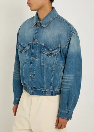 Versace Leather-collar Denim Jacket - Blue