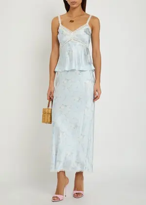 LoveShackFancy Lirena Floral-print Silk Cami Top - Light Blue
