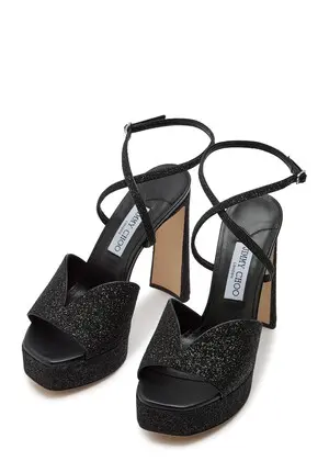 JIMMY CHOO Karli 125 Glitter Leather Sandals - Black