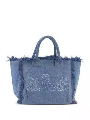 MC2 SAINT BARTH Vanity Fringed Logo Denim Tote - Blue