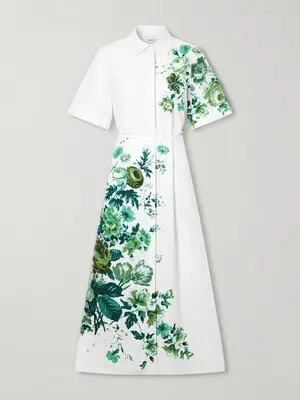 Erdem Floral-print Cotton-poplin Midi Shirt Dress - Green