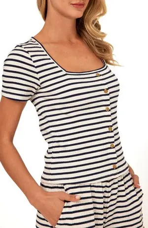 THREADS 4 THOUGHT Stripe Smocked Square Neck Top - Ecru/stargazer