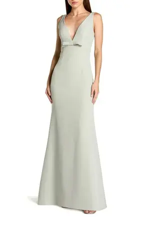 Mac Duggal Petite Crepe Sleeveless V Neck Sheath Gown With Bow - Sage