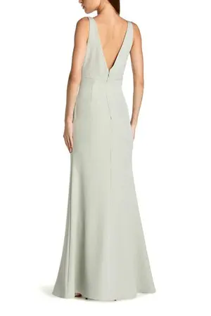 Mac Duggal Petite Crepe Sleeveless V Neck Sheath Gown With Bow - Sage