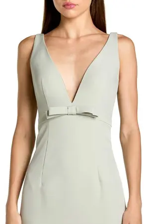 Mac Duggal Petite Crepe Sleeveless V Neck Sheath Gown With Bow - Sage