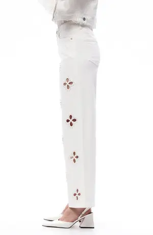BAYEAS Studded Floral Eyelet Straight Leg Jeans - White