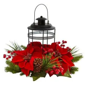 NEARLY NATURAL Poinsettia Berry Pine Artificial Arrangement Candelabrum - Red