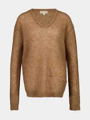 120% Lino Wool-blend Sheer V-neck Top - Brown