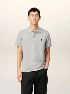 AMI Paris Heather Ash Contrasted De Coeur Polo Shirt - Grey