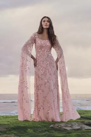 Mac Duggal Floral Embellished Cape Sleeve Gown - Pink