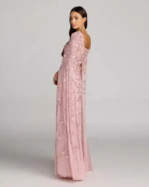 Mac Duggal Floral Embellished Cape Sleeve Gown - Pink