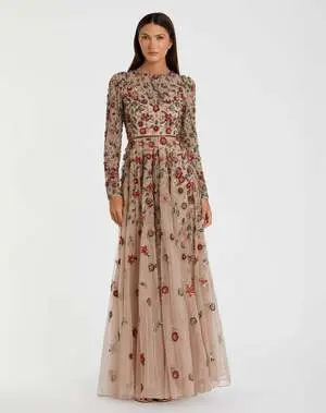 Mac Duggal Embellished High Neck Long Sleeve A-line Gown - Neutral