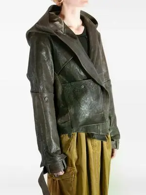 YEHUAFAN Hooded Leather Jacket