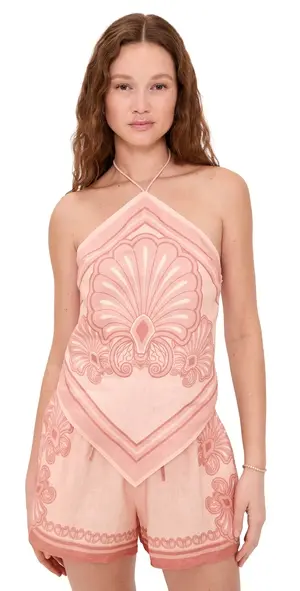 SHANI SHEMER Rosa Halter Neck Linen Top - Pink Shell Print
