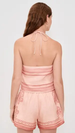SHANI SHEMER Rosa Halter Neck Linen Top - Pink Shell Print
