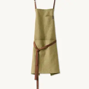 Solino Home Classic Linen Bib Apron For & With Front Pockets - Olive/brown