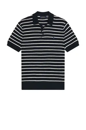 Polo Ralph Lauren Cotton Blend Textured 3 Button Placket Short Sleeve Polo Sweater In Blue