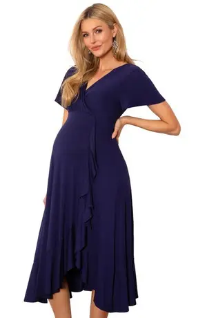 TIFFANY ROSE MATERNITY Nursing Midi Dress With Faux Wrap And Ruffles - Eclipse Blue