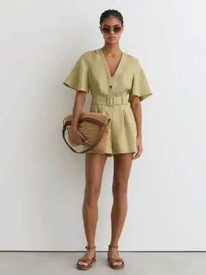 REISS Sansi Linen Short-sleeve Belted Playsuit