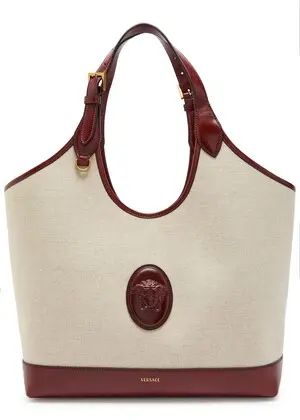 Versace Large Leather And Canvas Tote Bag - Beige